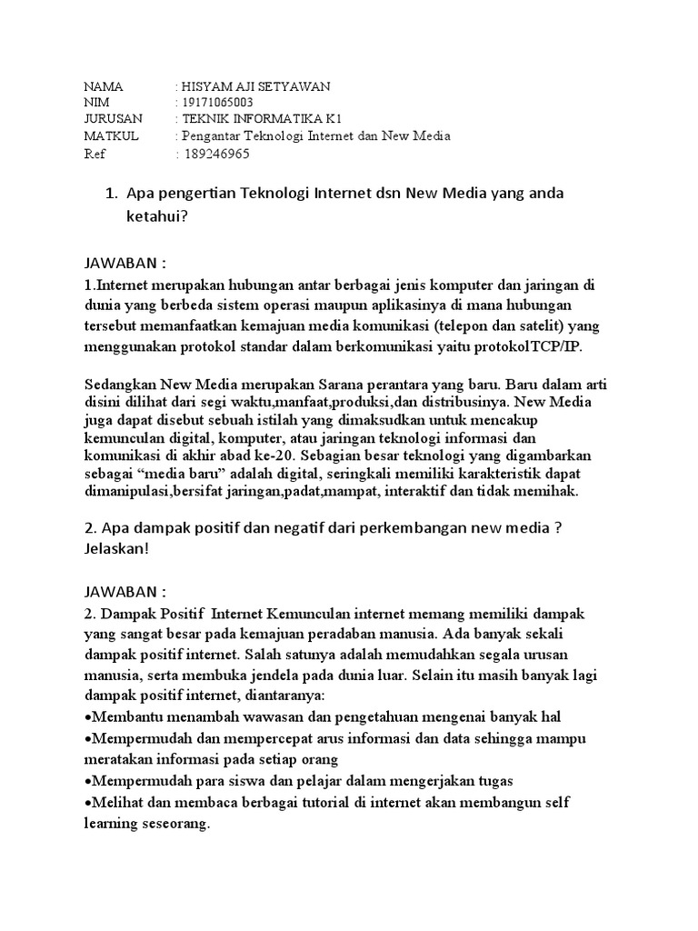 Uts - Hisyam Aji Setyawan - 19171065003 - Pengantar Teknologi Internet Dan New Media | PDF