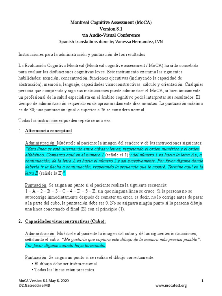 MoCA-8.1-Instrucciones Via telemedicina-SP | PDF