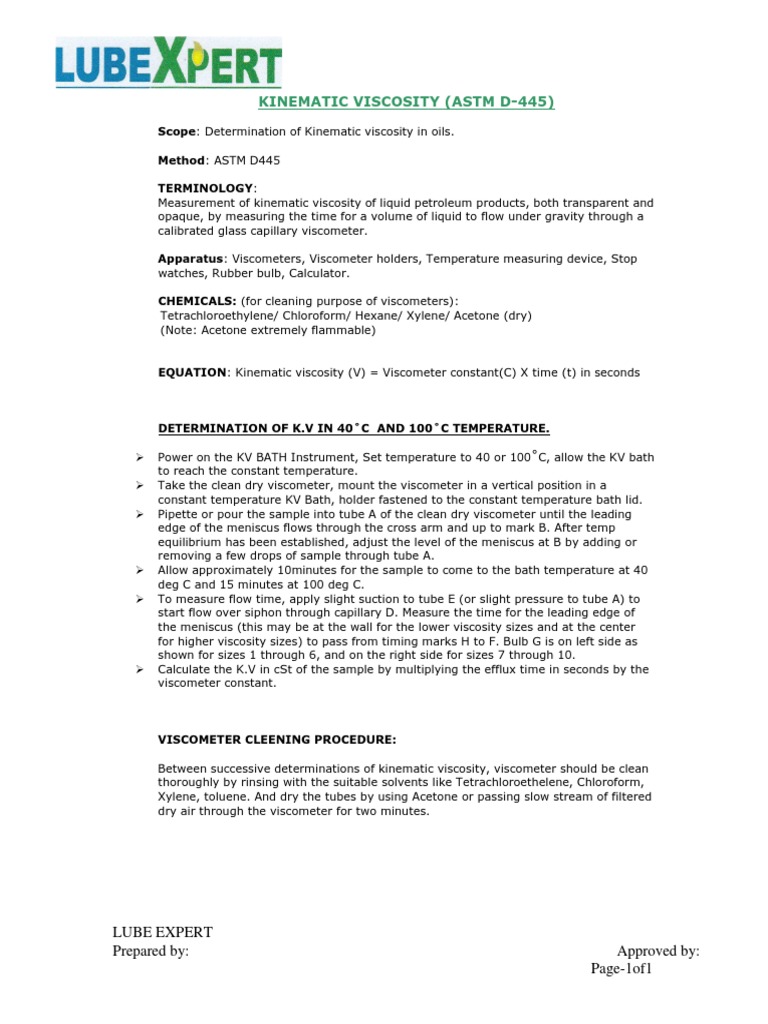 Kinematic Viscosity (Astm D-445) : Lube Expert Prepared By: Approved By: Page-1of1 | PDF ...