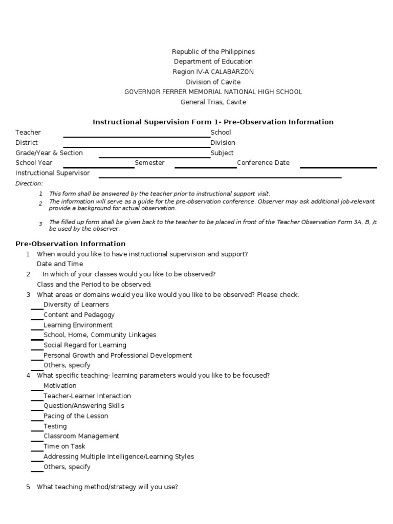 Pre - Observation Info Form | PDF | Teaching Method | Teachers