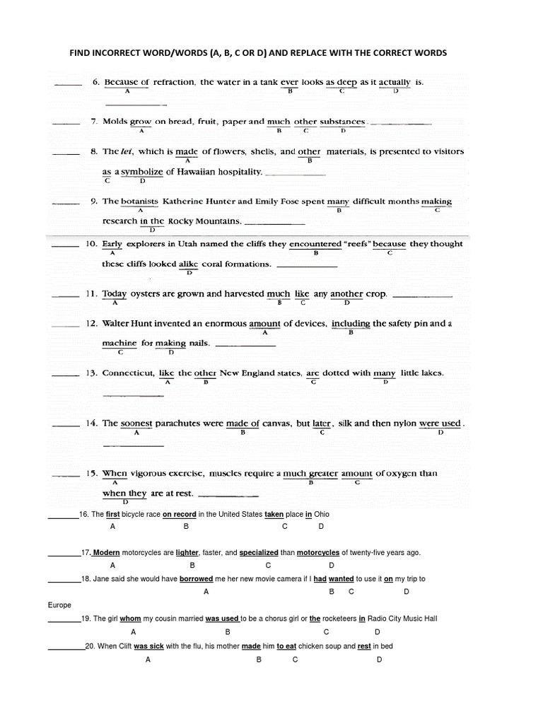 Find Incorrect Word/Words (A, B, C or D) and Replace With The Correct ...