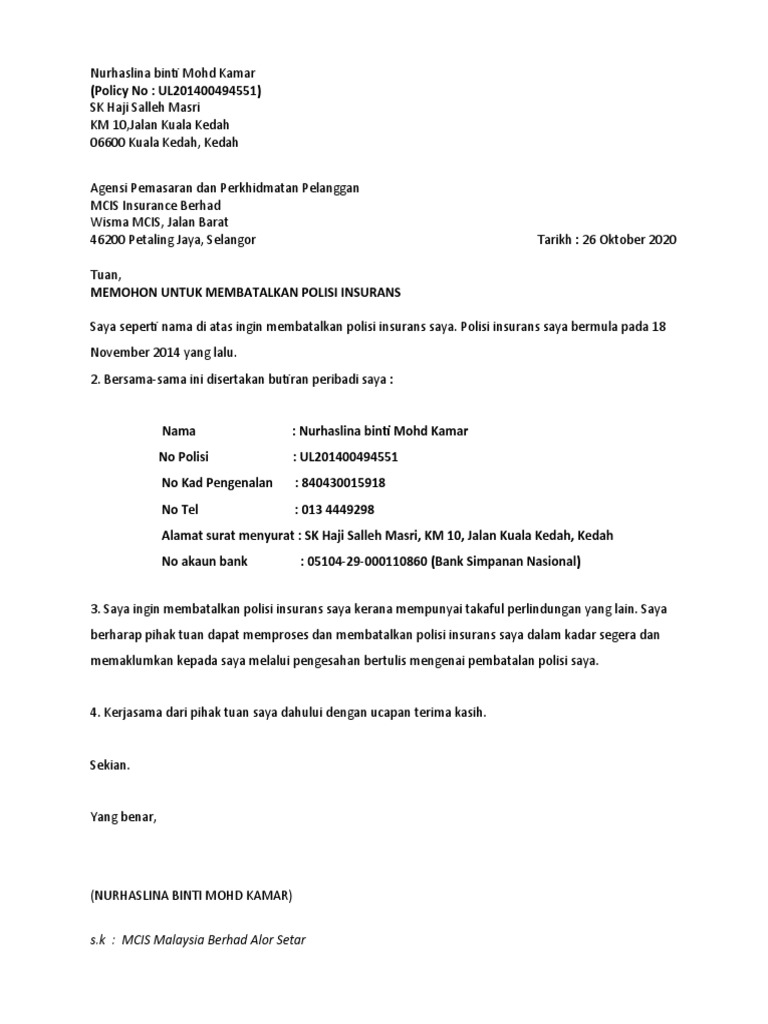 Surat Batal Polisi Insurans | PDF