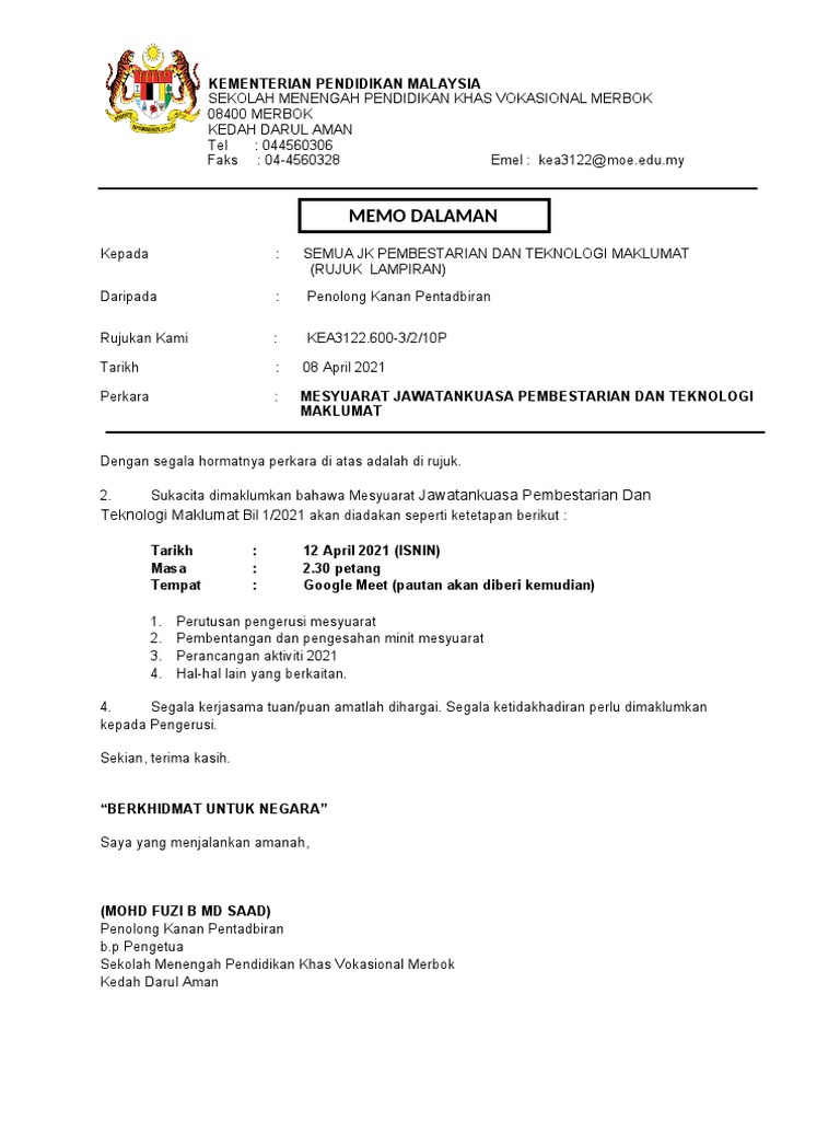 Memo Mesyuarat Jawatankuasa Ict 1-2021 | PDF