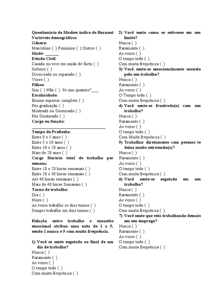 Questionário de Maslow Índice de Burnout | PDF | Burnout ocupacional ...