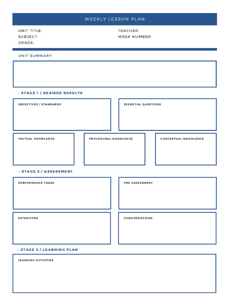 Dark Blue & White Formal Design Unit Weekly Lesson Plan | PDF | Career ...
