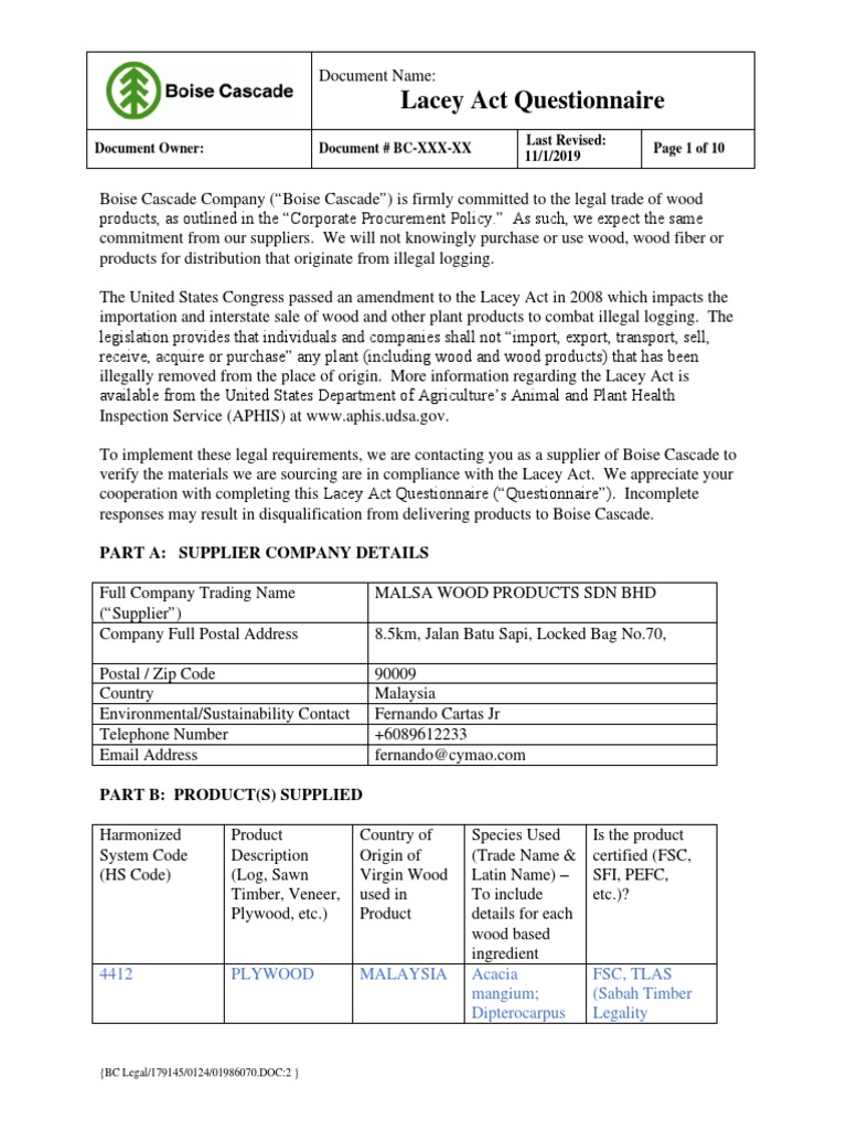 Lacey Act Questionnaire (01986070-2xDE682) | PDF | Forest Stewardship ...