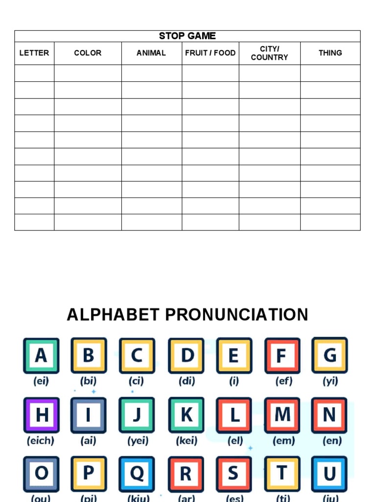 Stop Game: Letter Color Animal Fruit / Food City/ Country Thing | PDF
