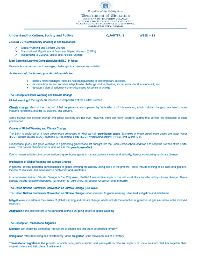 WORKSHEET and MODULE UCSP Q2 WEEK-12 | PDF | Climate Change ...