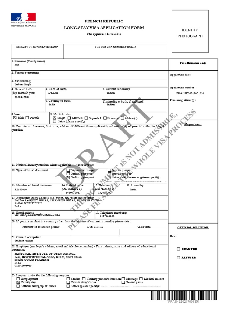 Long-Stay Visa Application Form: French Republic | Download Free PDF ...