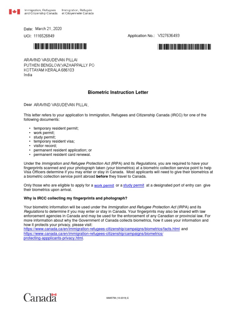 Biometric Instruction Letter: Study Permit Work Permit | PDF ...