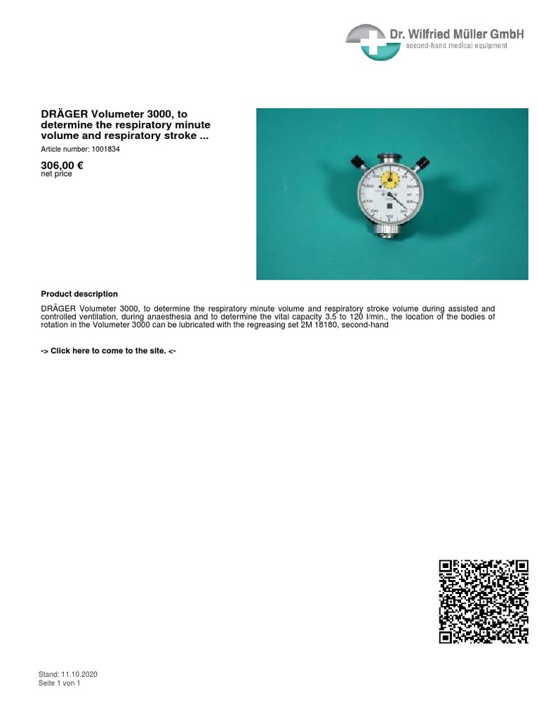 Draeger Volumeter 3000 To Determine The Respiratory Minute Volume and ...