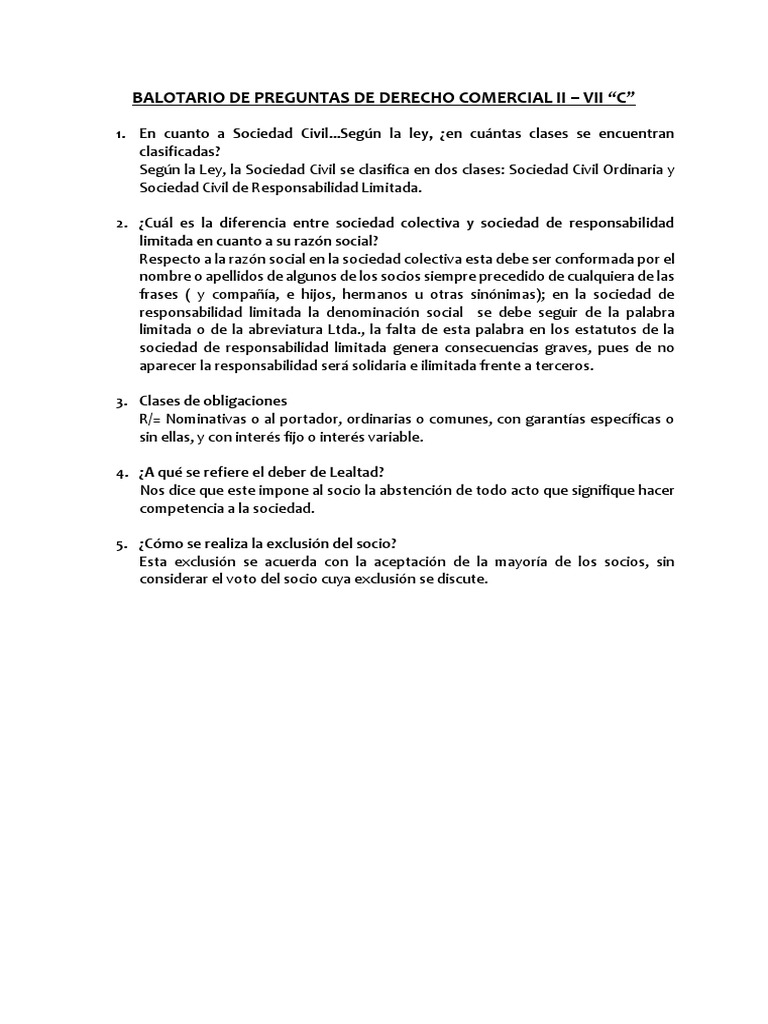Balotario de Preguntas de Derecho Comercial II | PDF