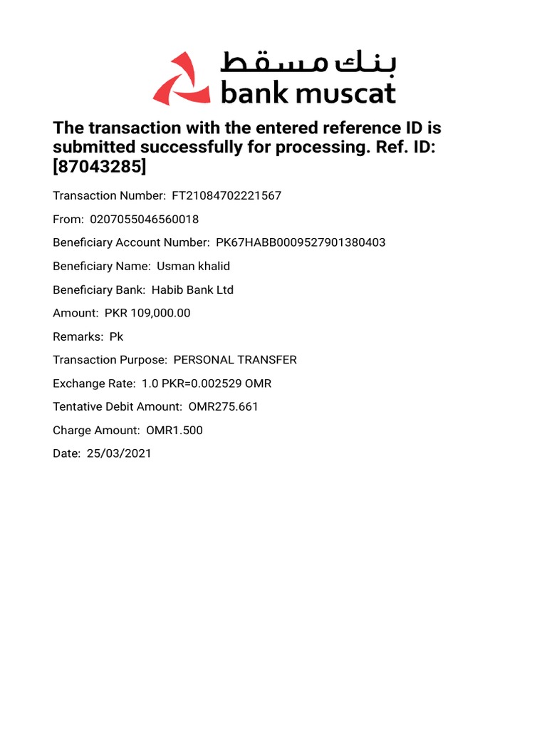 Bank Muscat Personal Transfer Receipt | PDF