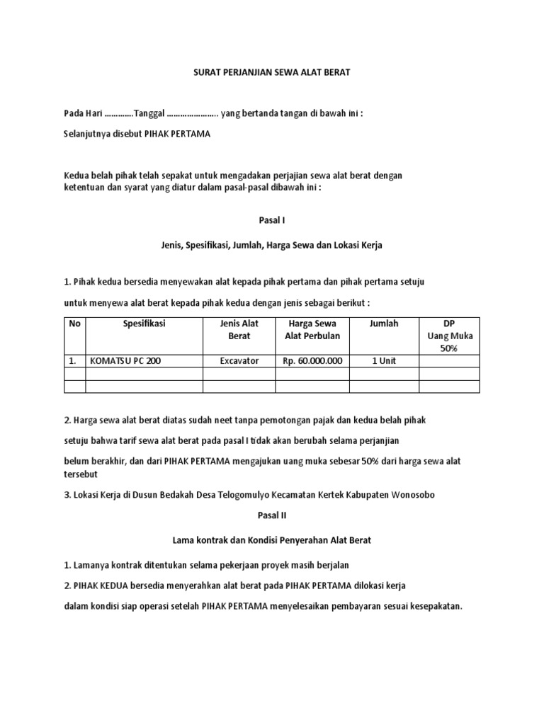 Surat Perjanjian Sewa Alat Berat | PDF