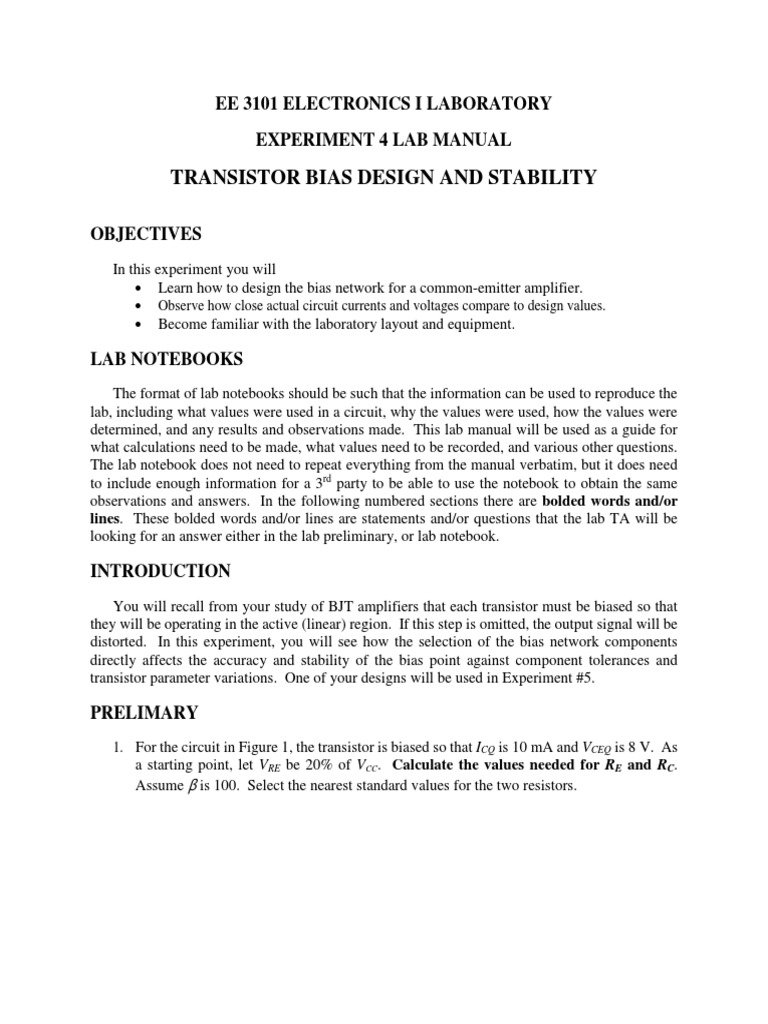 Transistor Bias Design and Stability: Ee 3101 Electronics I Laboratory Experiment 4 Lab Manual ...