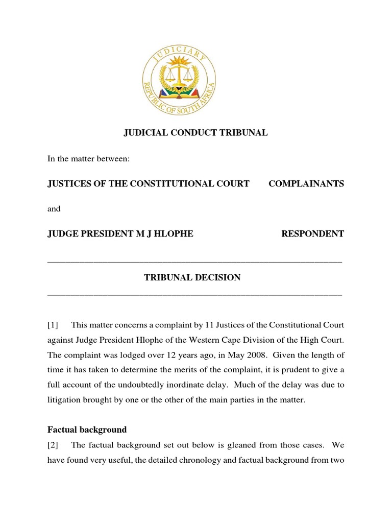 Tribunal Decision On Complaint Against Hlophe JP-10 April 2021 | PDF ...