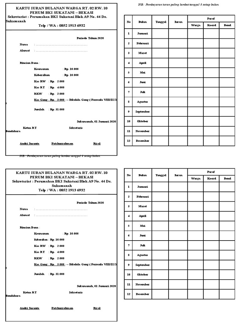 Iuran Bulanan Warga RT 02 RW 10 | PDF