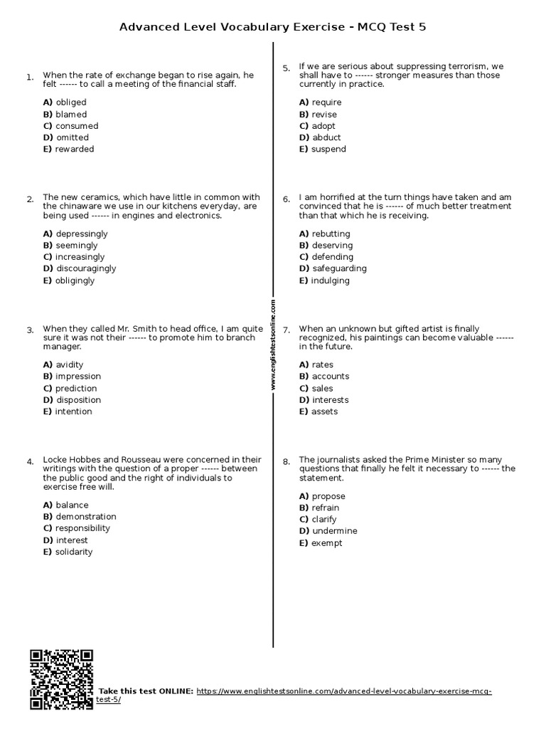 Advanced Vocabulary MCQs with Answers | PDF