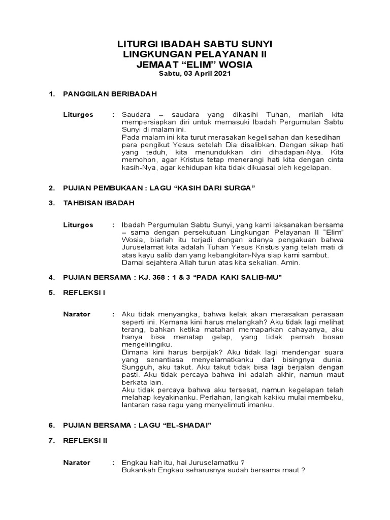 Liturgi Ibadah Sabtu Sunyi Full - Wosia | PDF