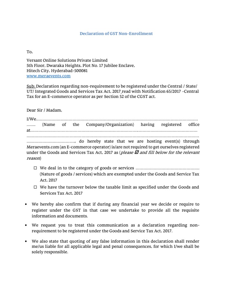 Declaration of GST Non-Enrollment | PDF