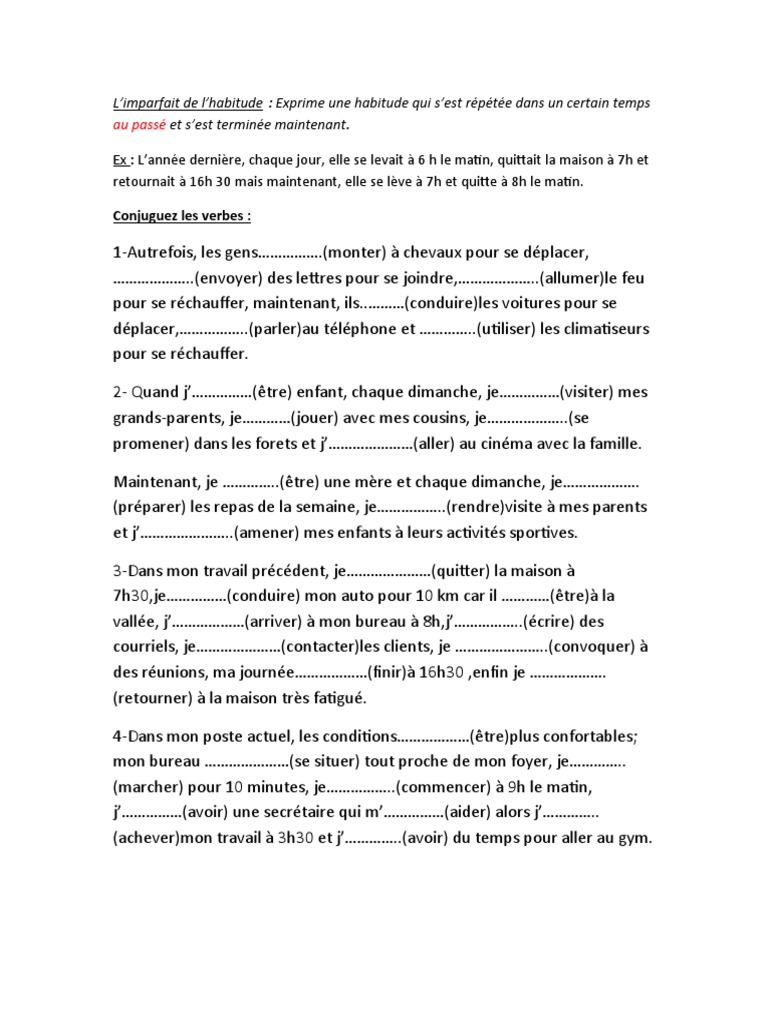 Usage de Limparfait Exercice Grammatical Feuille Dexercices - 76613 ...
