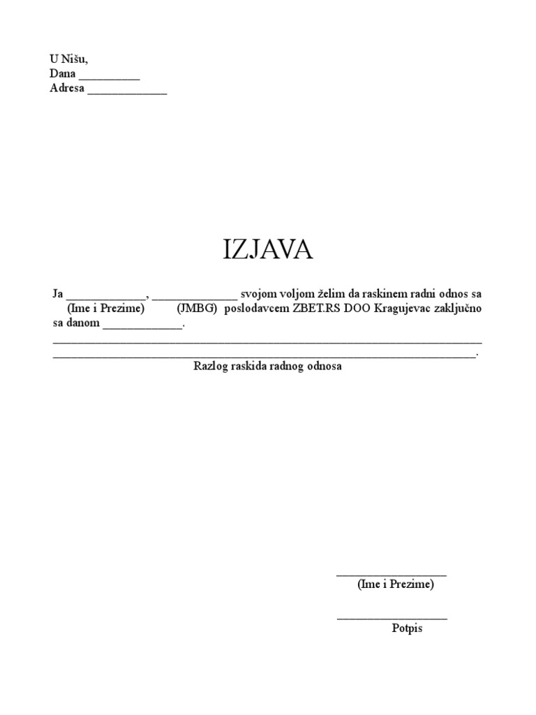 Izjava Za Raskid Ugovora | PDF