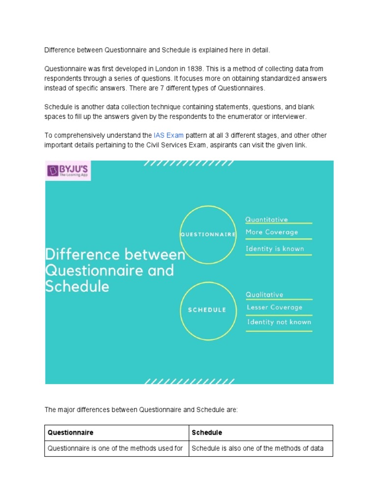 Difference Between Questionnaire and Schedule | PDF | Questionnaire | Survey Methodology
