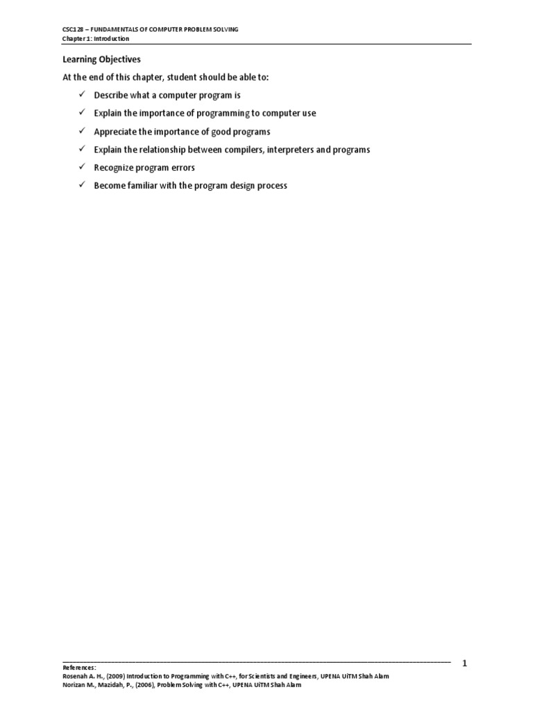 Learning Objectives: Csc128 - Fundamentals of Computer Problem Solving Chapter 1: Introduction ...