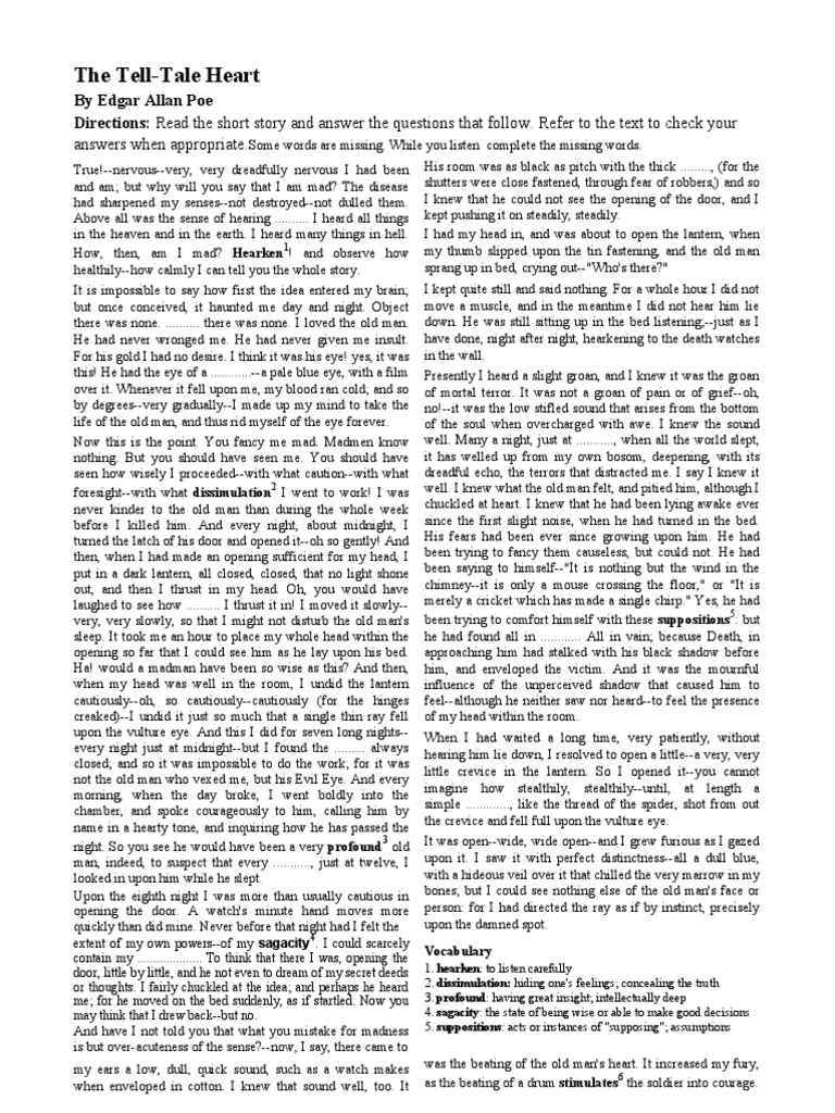 The Tell-Tale Heart Reading Comprehension Worksheet | PDF | Narration