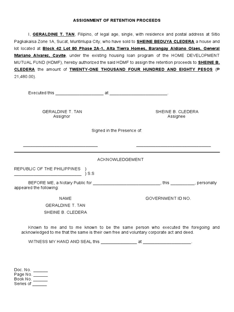 Assignment of Retention Proceeds | PDF