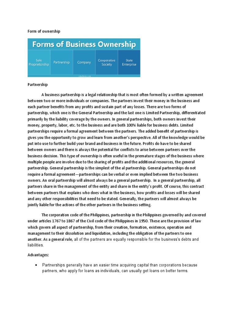 Form of Ownership Partnership | PDF | General Partnership | Partnership