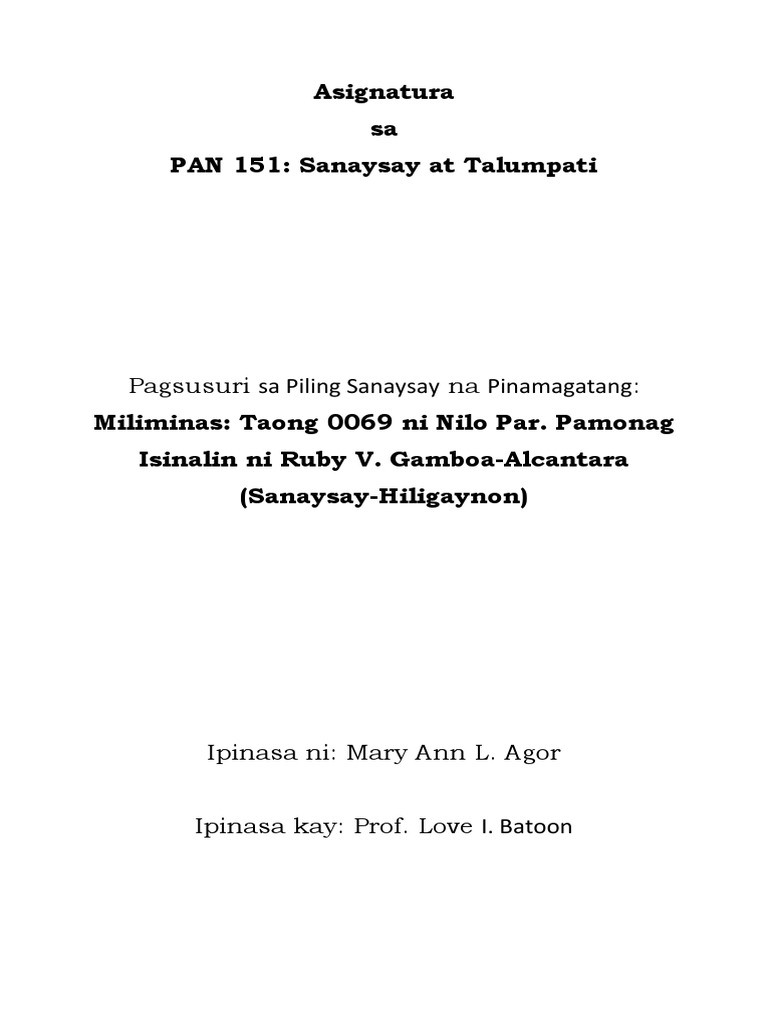 Miliminas Taong 0069 by Nilo Par. Pamonag | PDF