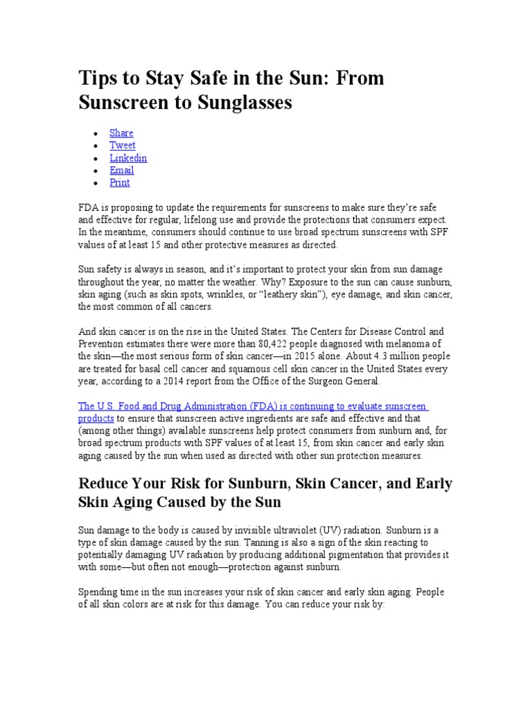 Tips To Stay Safe in The Sun | PDF | Sunscreen | Sunglasses