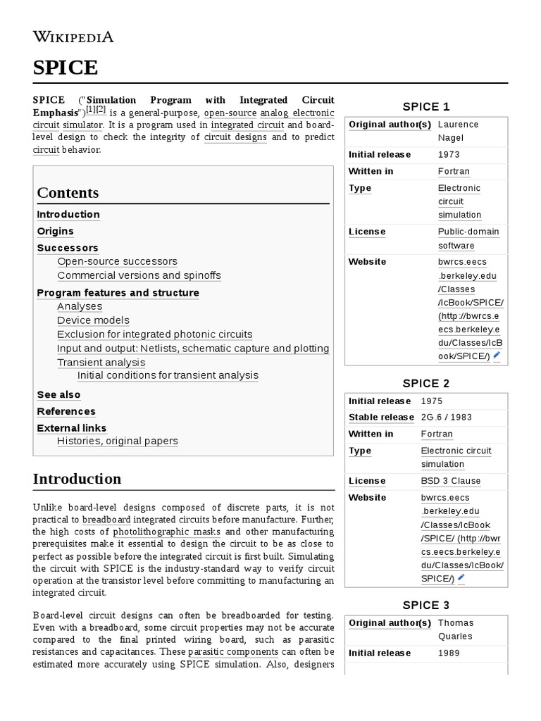 Spice: SPICE ("Simulation Program With Integrated Circuit Emphasis ...