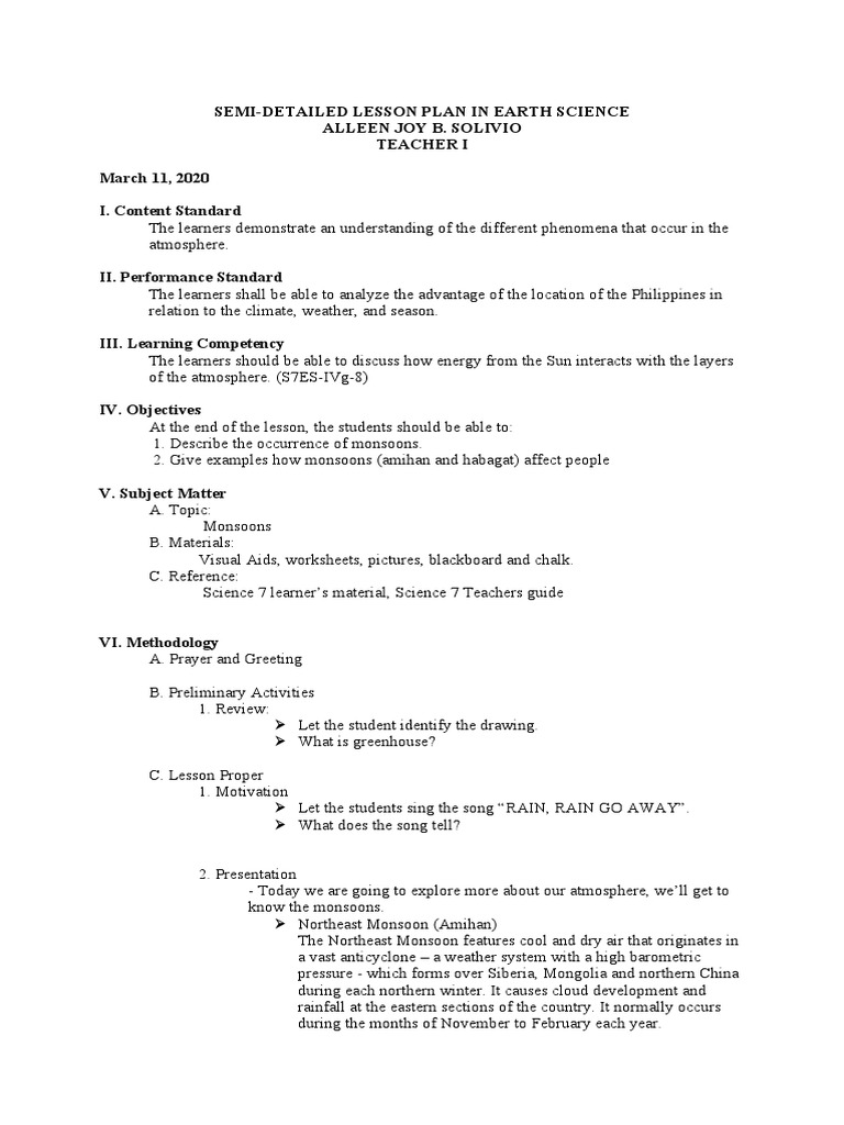Semi-Detailed Lesson Plan in Earth Science Alleen Joy B. Solivio ...