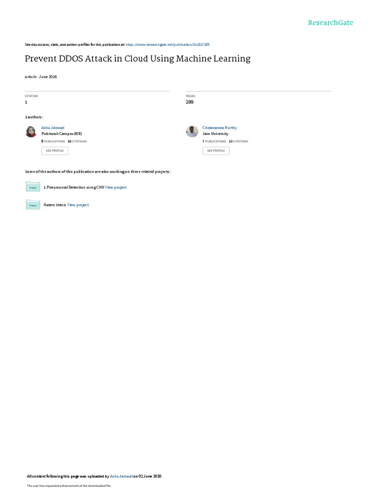 Preventing Ddos Attack In Cloud Using Machine Learning Pdf Denial Of Service Attack