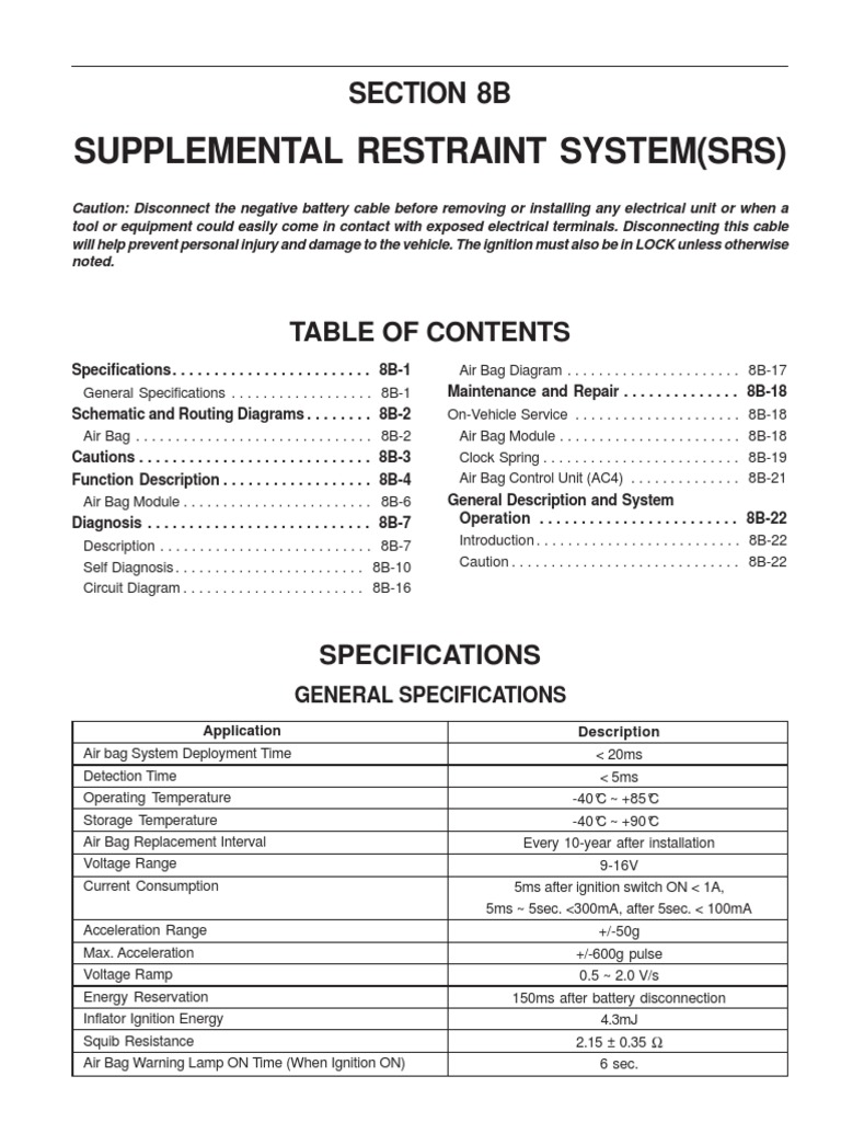 Supplemental Restraint System (SRS) : Section 8B | PDF | Airbag | Seat Belt