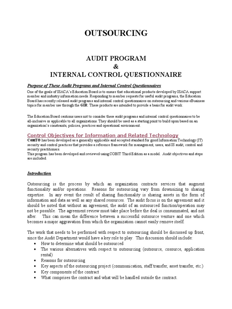 Outsourcing: Audit Program & Internal Control Questionnaire | PDF ...