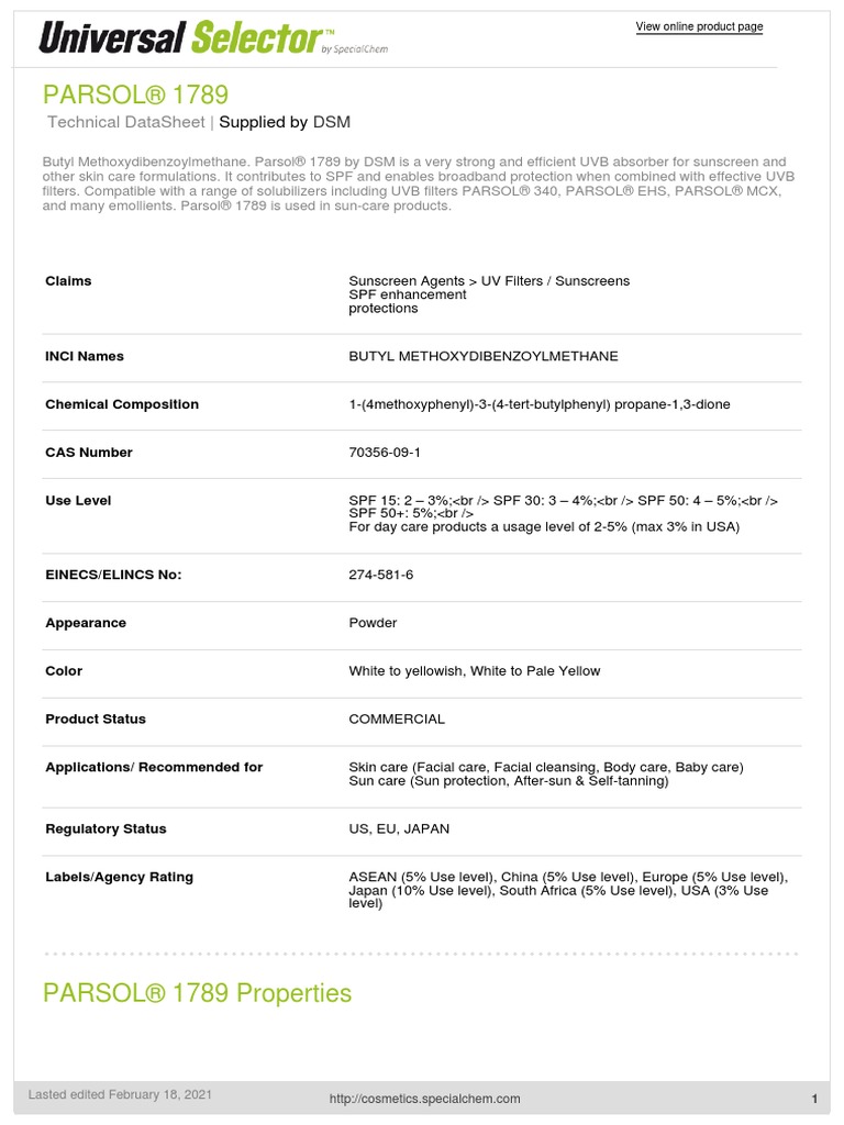 Parsol® 1789 - DSM | PDF | Sunscreen | Ultraviolet