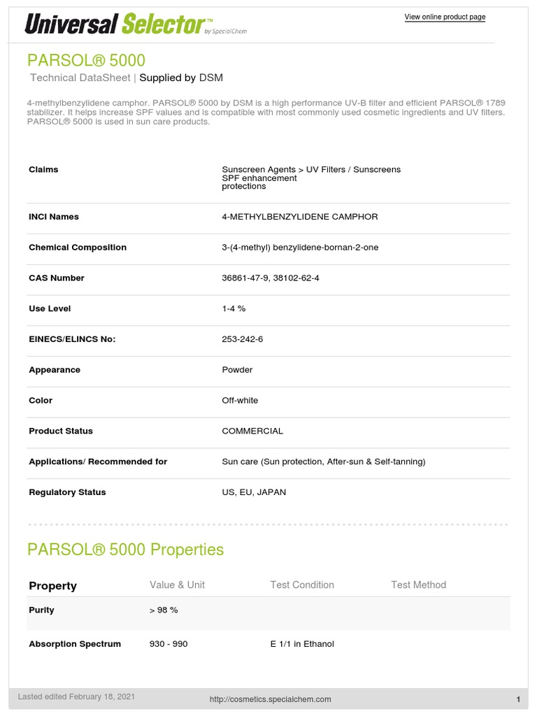 Parsol® 5000 - DSM | PDF | Sunscreen | Ultraviolet