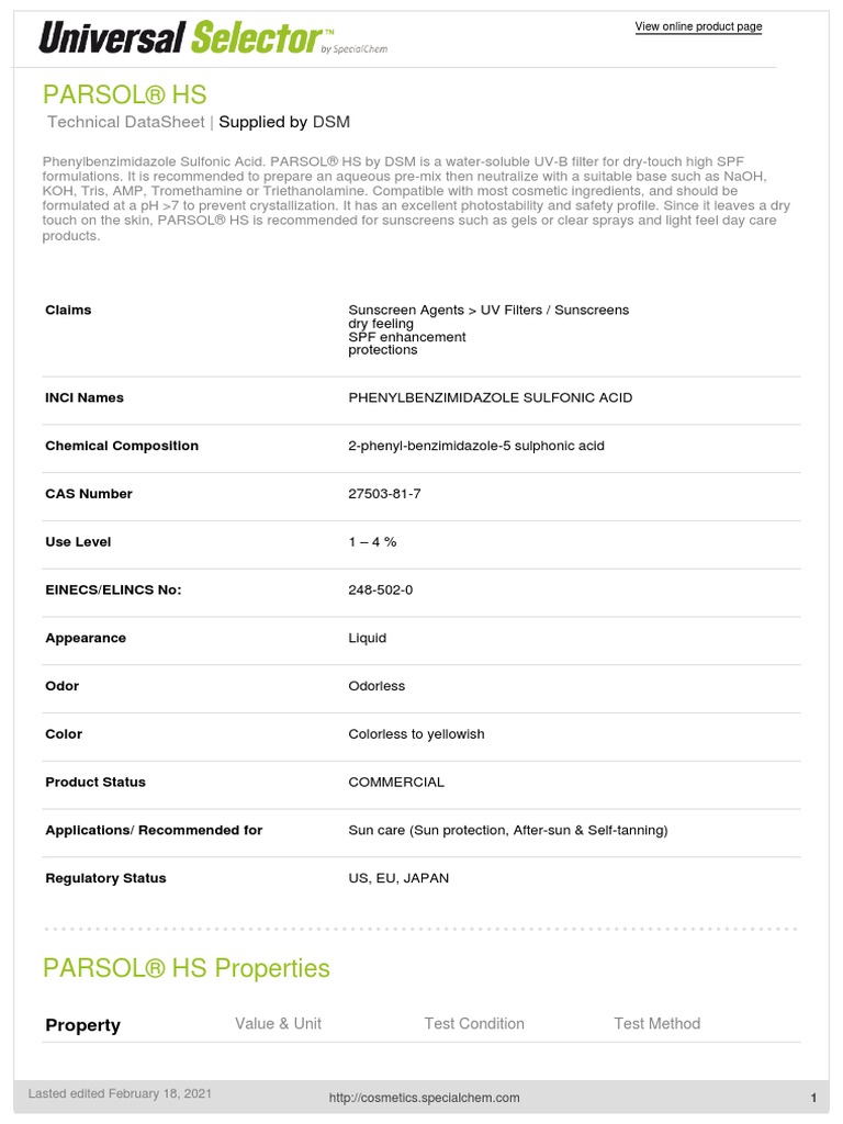 PARSOL® HS - DSM | PDF | Sunscreen | Ultraviolet