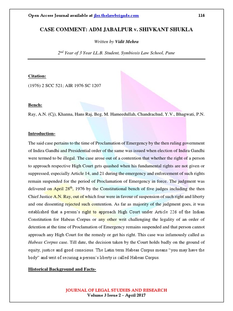 ADM Jabalpur PDF | PDF | Habeas Corpus | Supreme Court Of India