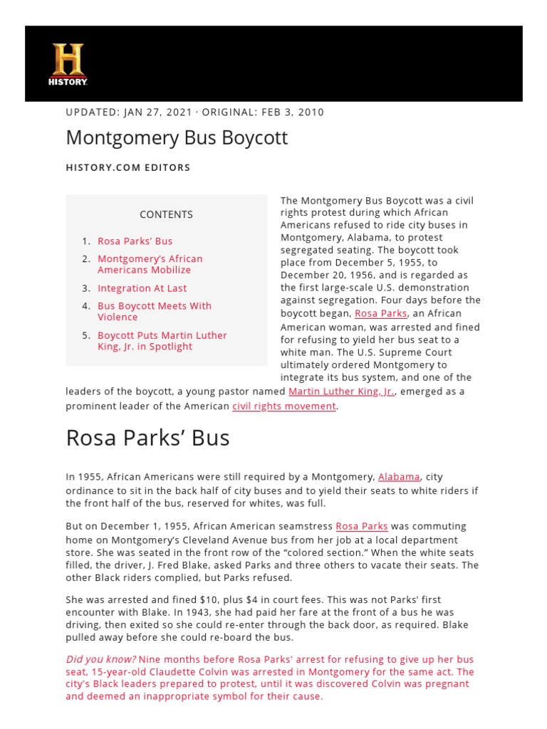Key Facts of the Montgomery Bus Boycott | PDF | Rosa Parks | Civil ...