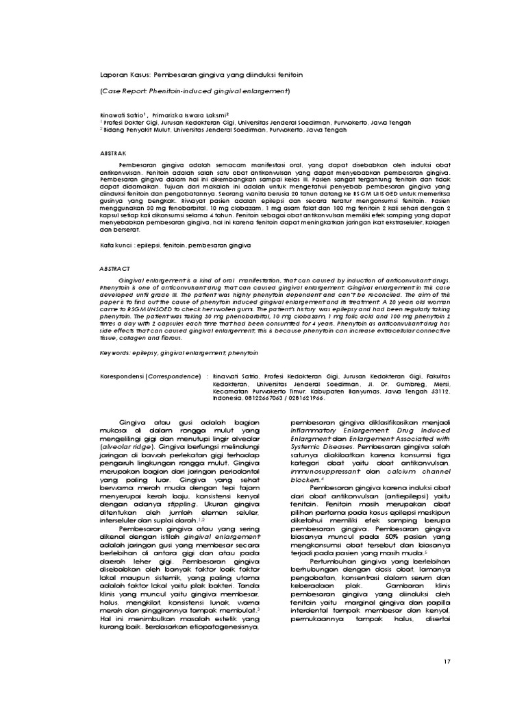 Laporan Kasus: Pembesaran Gingiva Yang Diinduksi Fenitoin: Rinawati Satrio, Primarizka Iswara ...