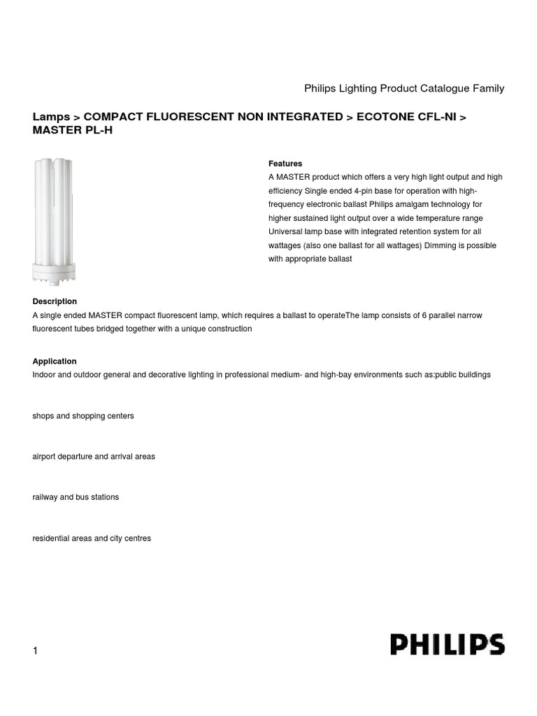 Lamps Compact Fluorescent Non Integrated Ecotone Cfl-Ni Master PL-H ...