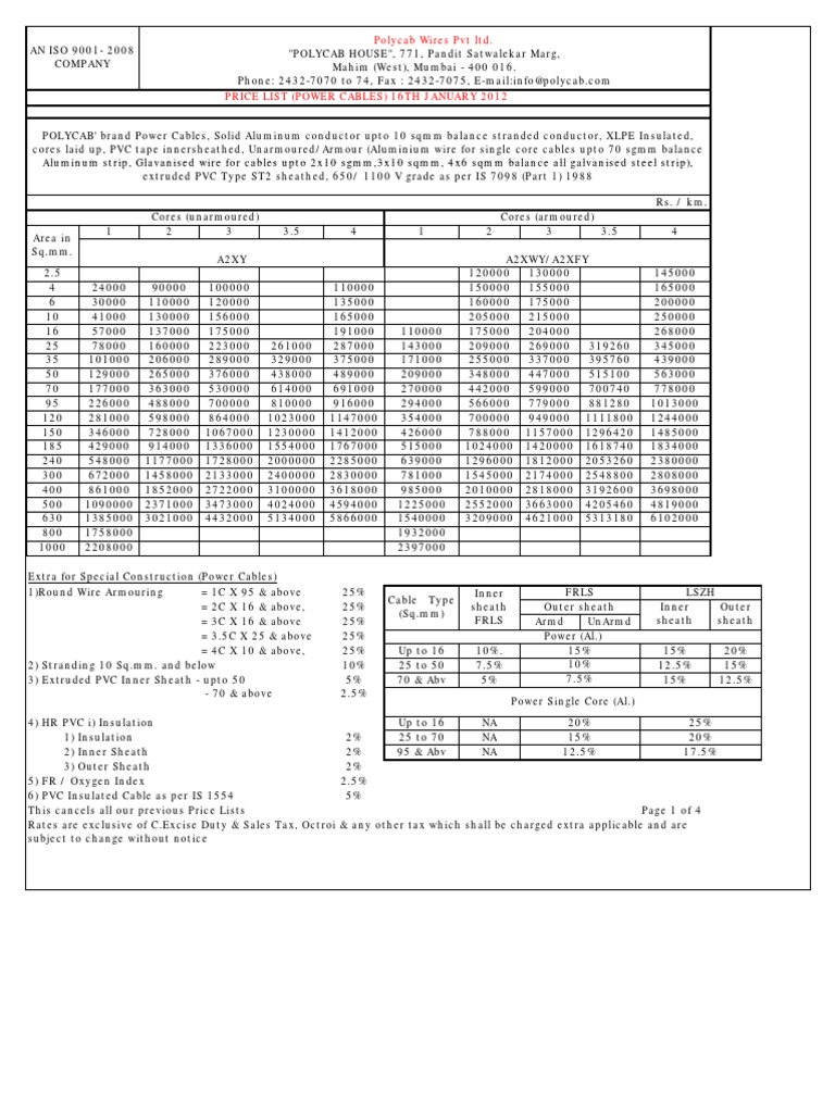Polycab Cable List Jan-2012 (CALCIHUB) | PDF | Wire | Insulator ...