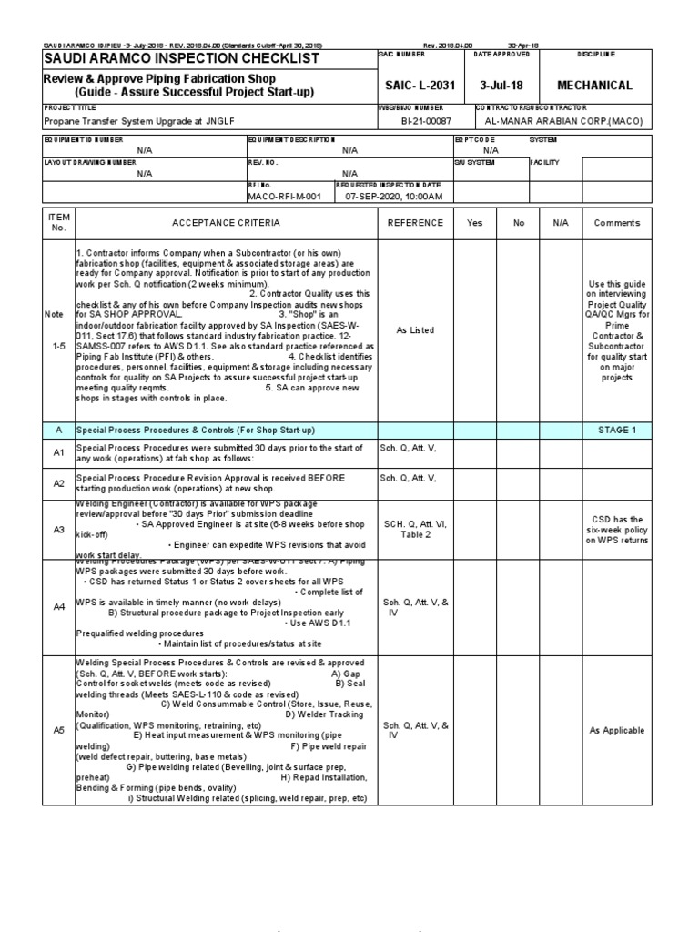 Saudi Aramco Inspection Checklist | PDF | Pipe (Fluid Conveyance ...