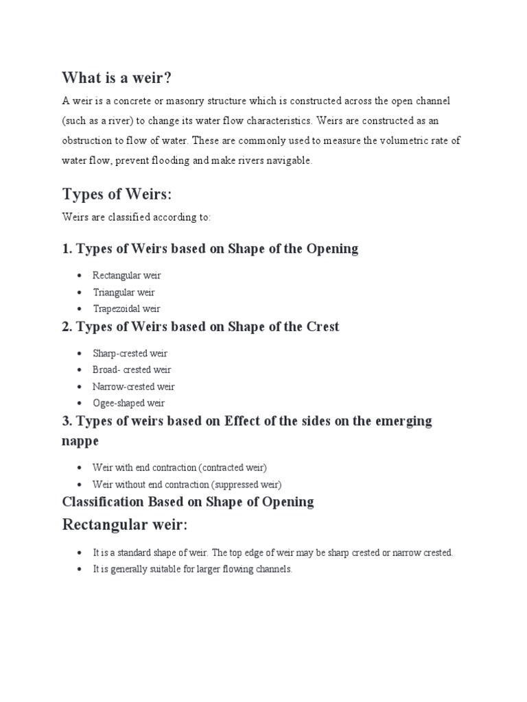 What Is A Weir?: 1. Types of Weirs Based On Shape of The Opening | PDF ...