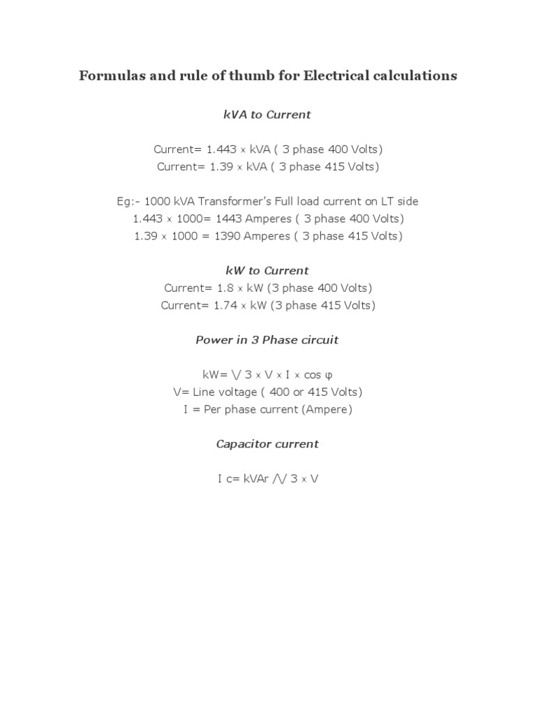 Formulas and Rule of Thumb For Electrical Calculations | PDF
