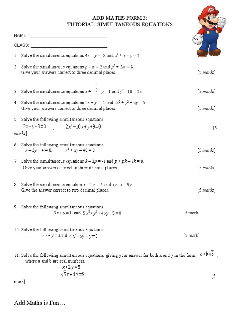 Add Maths Form 3: Tutorial: Simultaneous Equations | Download Free PDF ...